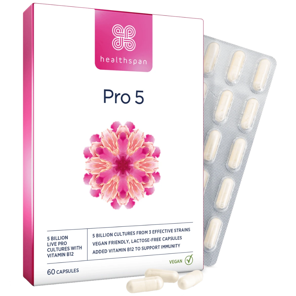 Healthspan Pro 5 Probiotic with 5 Billion Live Pro Cultures & Vitamin ...
